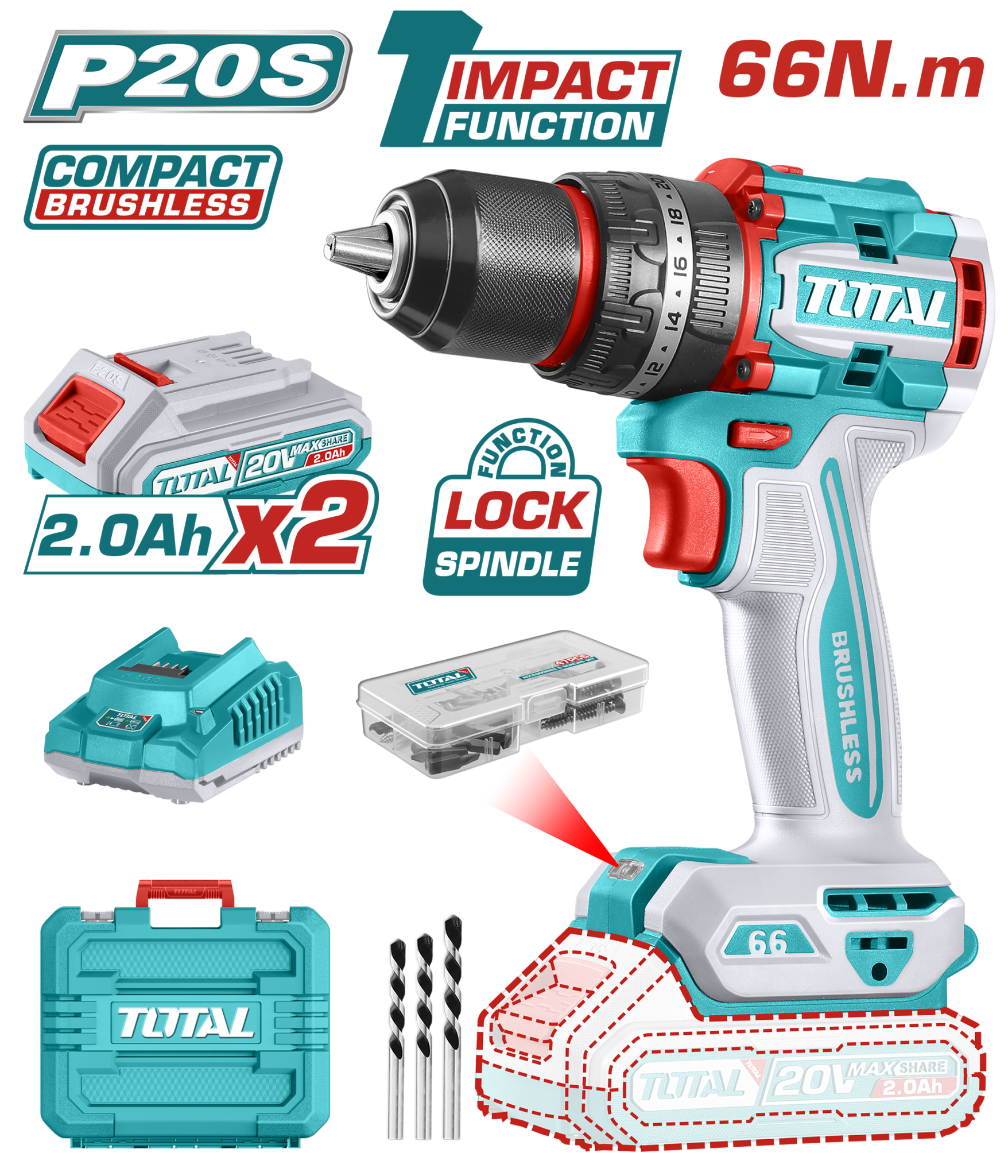 TOTAL Compact Brushless Cordless Impact Drill Brushless motor 66N.m ...