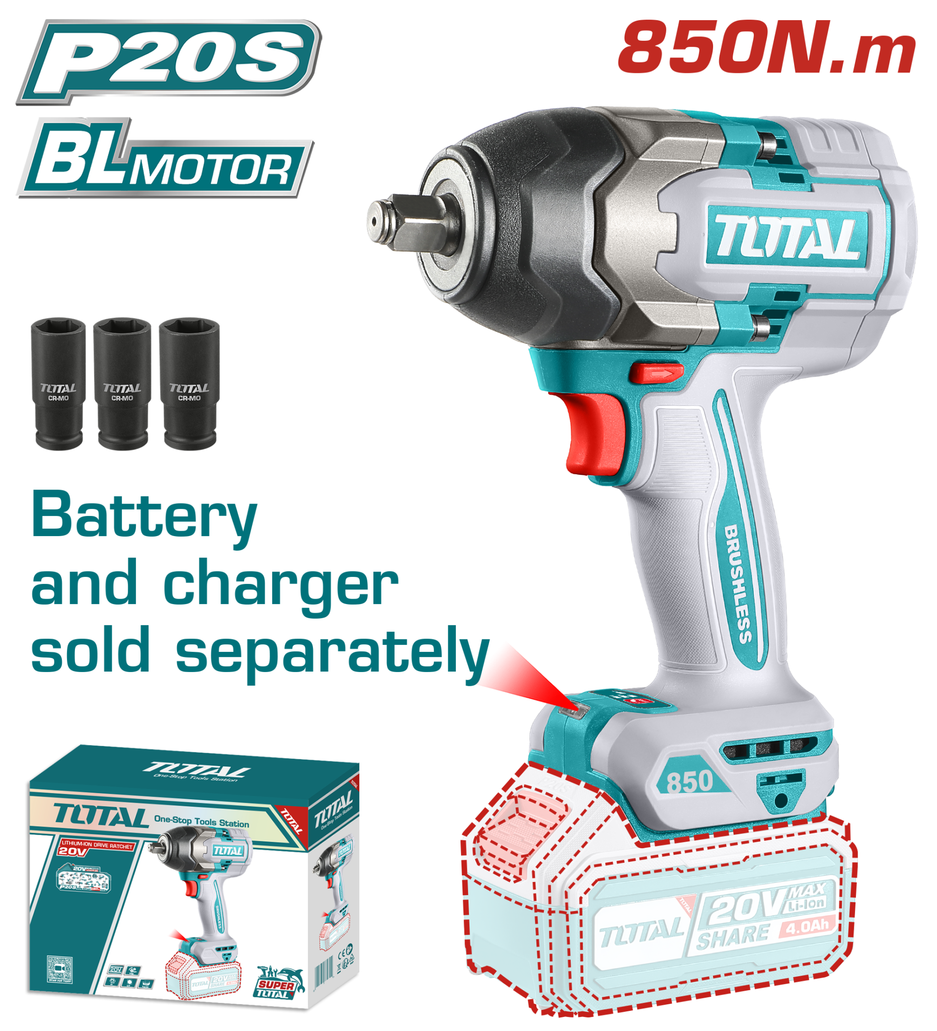 TOTAL Cordless Impact Wrench Brushless Motor 850N.m | 1/2" - Battery ...