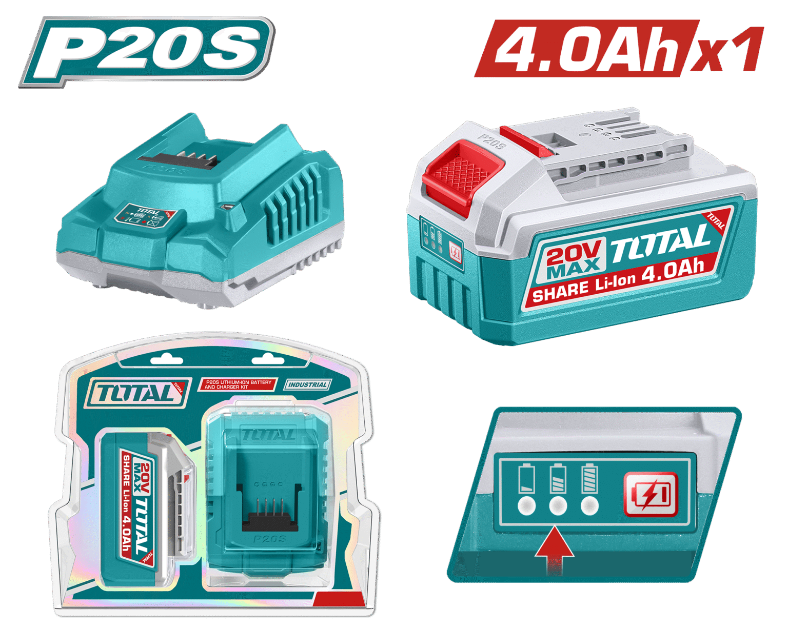 TOTAL P20S Lithium-Ion 4.0Ah Battery and Charger Kit – 20V (TFBCPK1012 ...