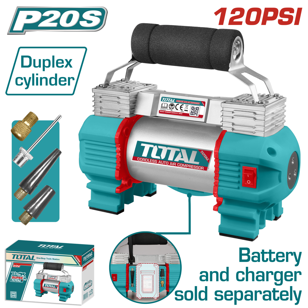 TOTAL Cordless Auto Air Compressor 20V – 120 PSI – Dual Cylinder (TACLI2026) - bashitihardware.com