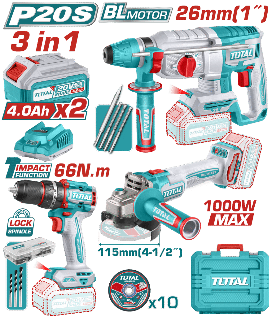 TOTAL Cordless 3 Pcs Combo Kit – 20V Brushless Impact Drill, Angle ...