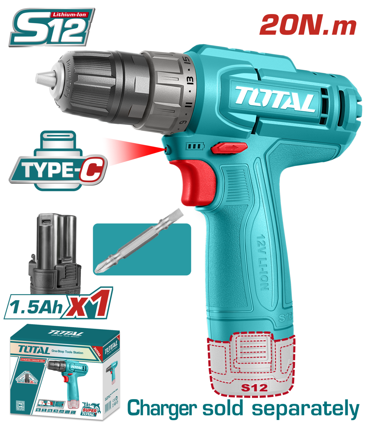 TOTAL Cordless Drill 12V Compact Electric Drill 20Nm (TDLI12456 ...
