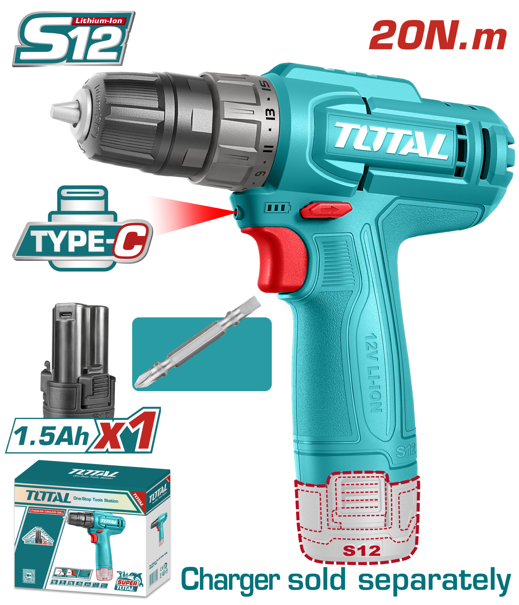 TOTAL Cordless Drill 12V Compact Electric Drill 20Nm (TDLI12456 ...